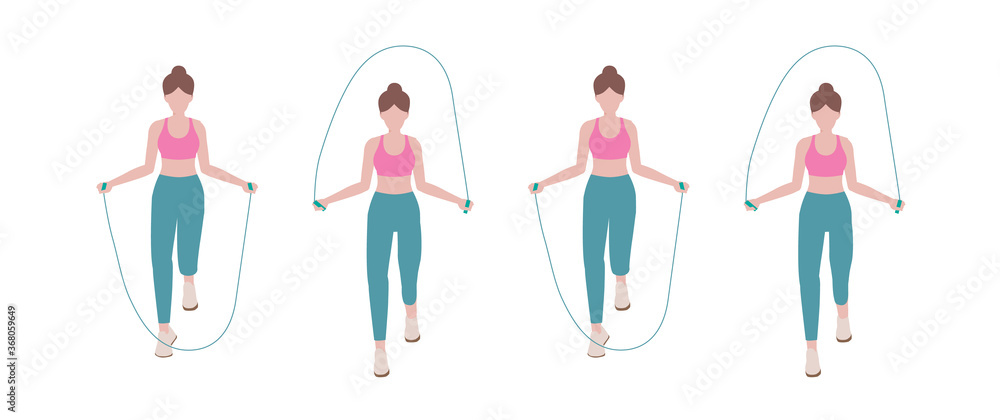 Woman doing exercises. Step by step instruction for doing Skipping rope ...