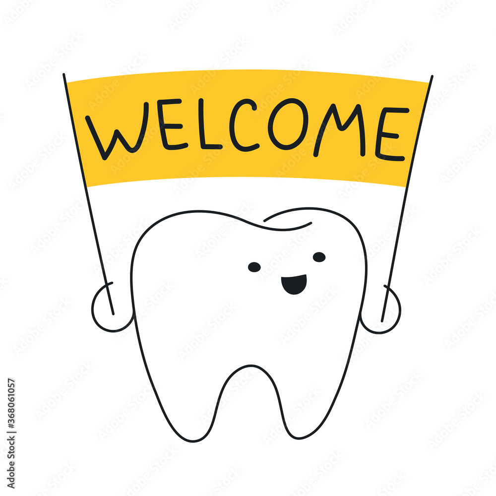 A cute tooth with a welcome sign. Dental care, invite to the clinic ...