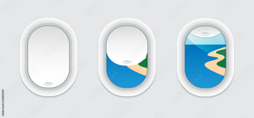 Three airplane windows inside view. Vector porthole overlooking the ...
