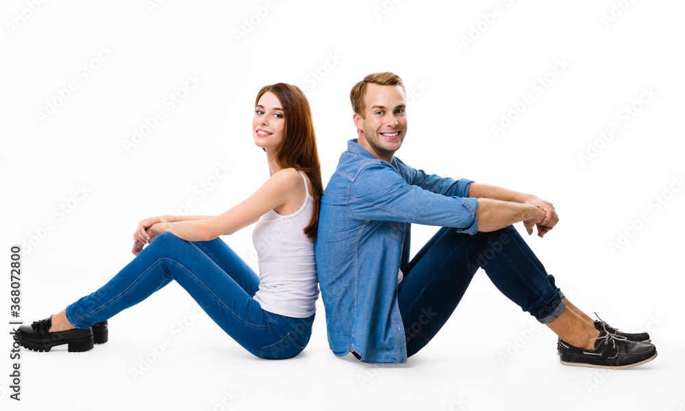 Smiling attractive happy couple. Full body length profile portrait ...