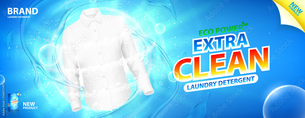 Promo banner of laundry detergent. Vector illustration with realistic ...