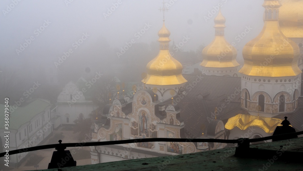 Kiev, Ukraine - Foggy view of golden domes in an ancient Ukrainian ...