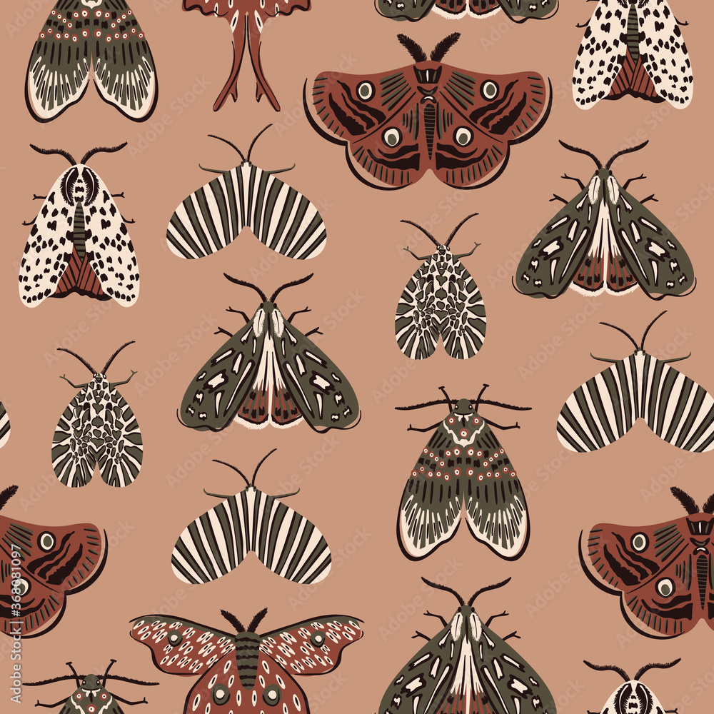 Moth butterfly collection seamless pattern on brass brown background ...