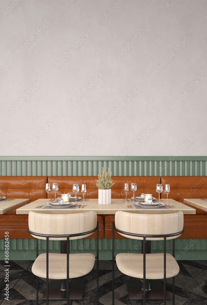 Restaurant interior with sofa,chairs tables and white wall background ...