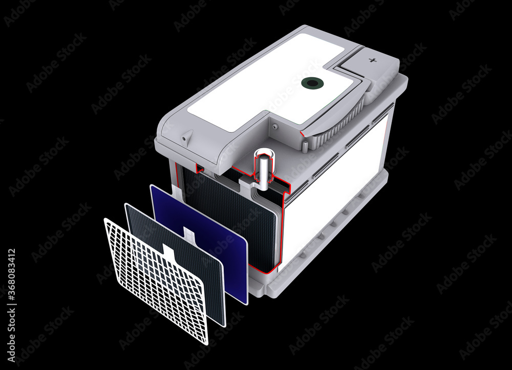 Car battery isolated. 3d rendering. 3d illustration. Inside or cross ...