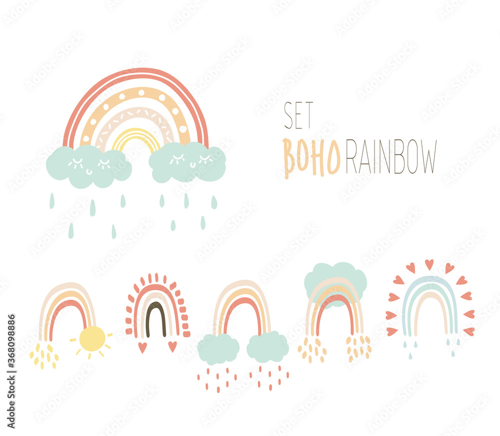 Vector illustration in boho style of different rainbows. Rainbows with ...