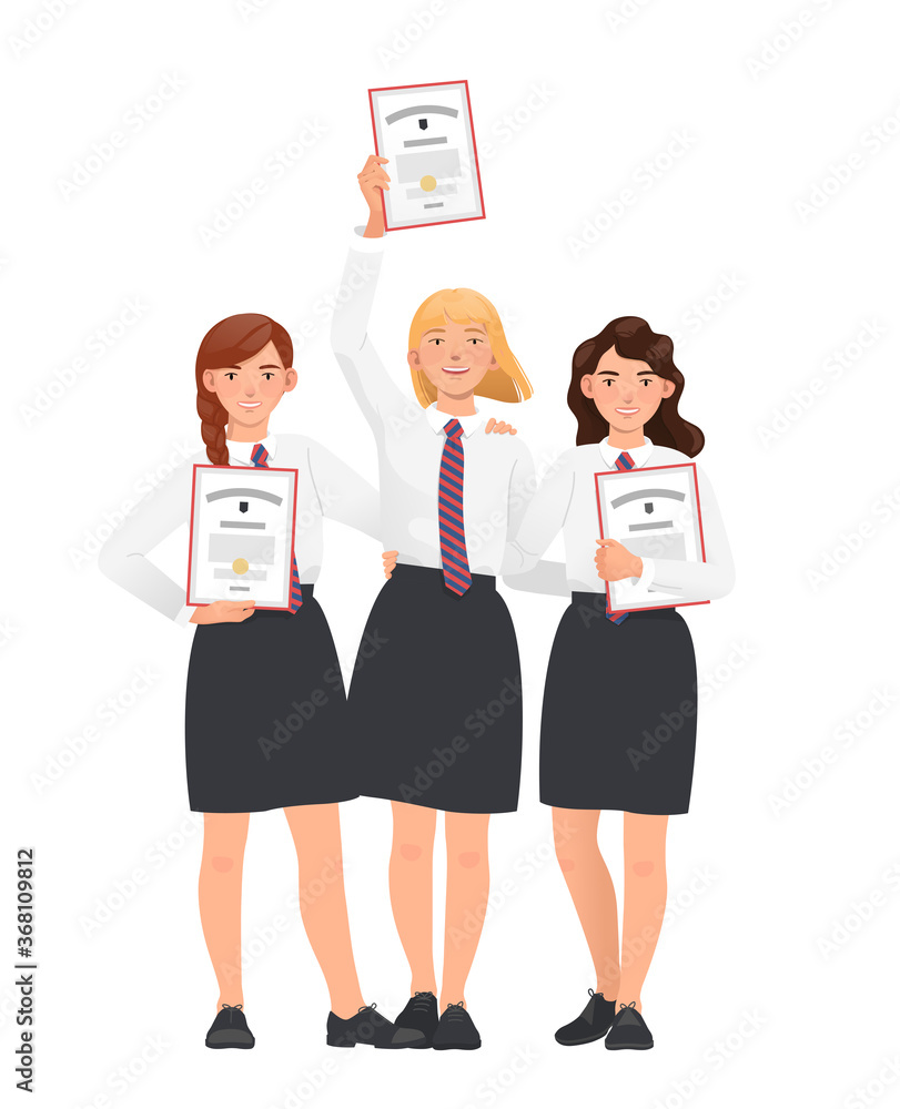 School awards ceremony. Students, pupils, school girls in uniform. Flat ...