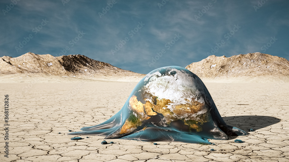 Melting Planet Earth on the ground of a barren and dry environment ...