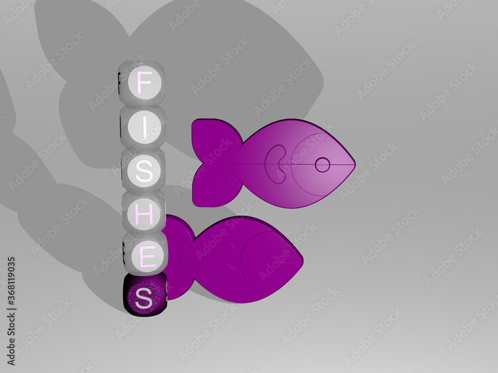 3D graphical image of fishes vertically along with text built around ...