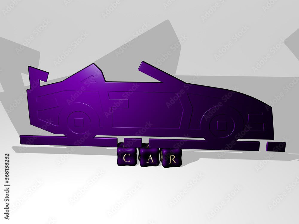 3D illustration of car graphics and text made by metallic dice letters ...