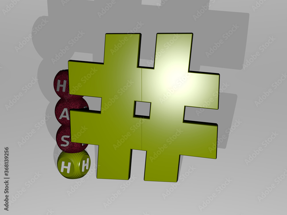 3D representation of hash with icon on the wall and text arranged by ...