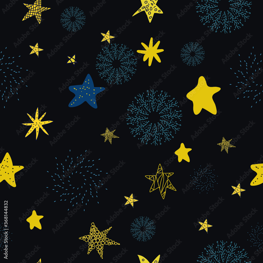 Seamless Starry Nights Theme Yellow Stars with Black background vector ...
