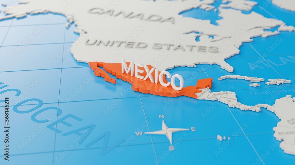 Mexico highlighted on a white simplified 3D world map. Digital 3D ...