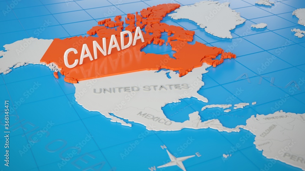 Canada highlighted on a white simplified 3D world map. Digital 3D ...
