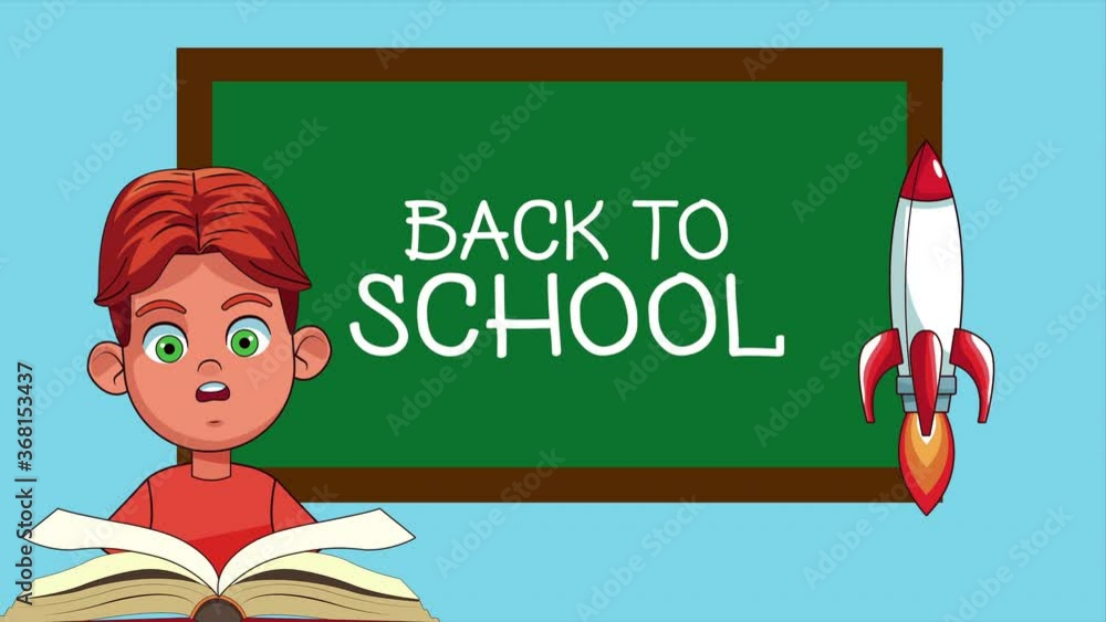 little student boy reading book with rocket in classroom animated ...