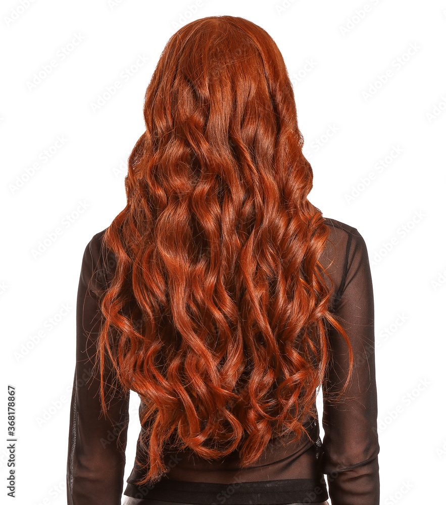 Beautiful young redhead woman on white background, back view Stock ...