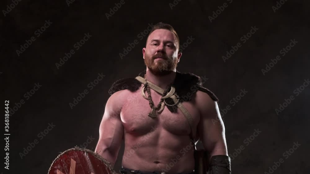 Serious Viking clad in light armor with a shield behind his back holds ...