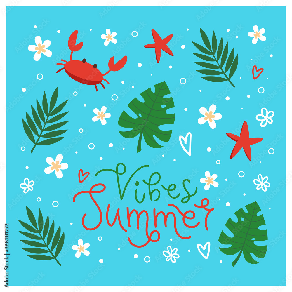 Cartoon summer elements collection isolated on blue background. Tropic ...