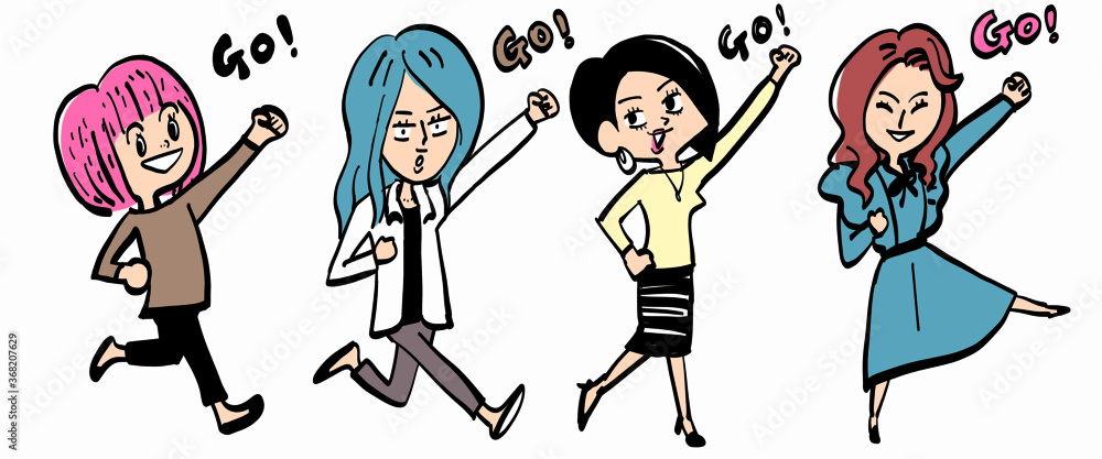Vetor de 4 types of female characters go go! do Stock | Adobe Stock