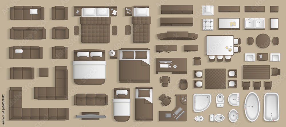 Icons set of interior. Furniture top view. Elements for the floor plan ...