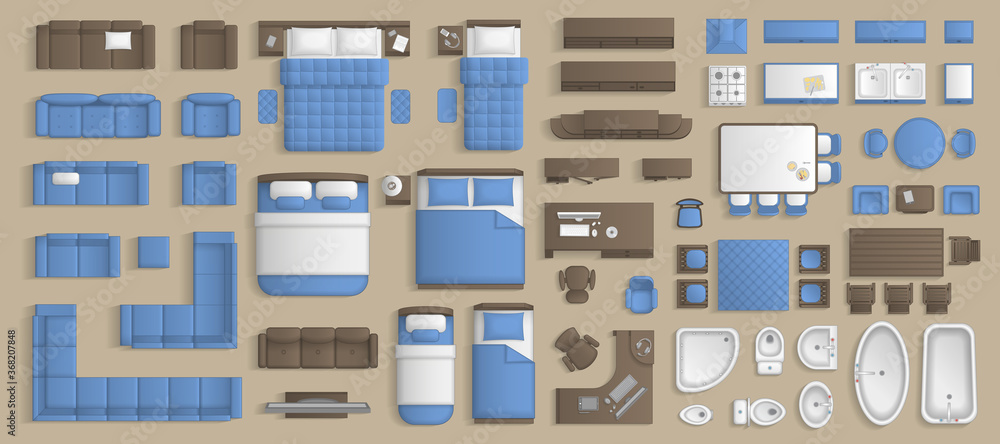 Icons set of interior. Furniture top view. Elements for the floor plan ...