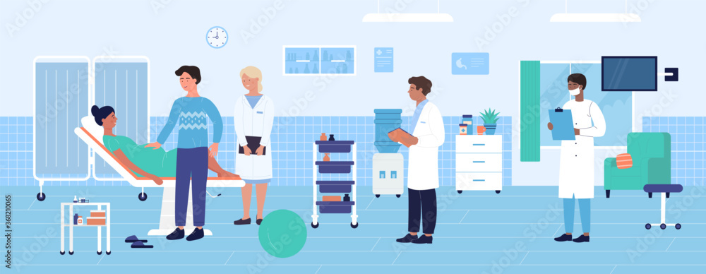 Hospital obstetric examination vector illustration. Cartoon flat ...