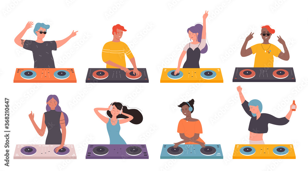 DJ People on musical party vector illustration set. Cartoon flat man ...