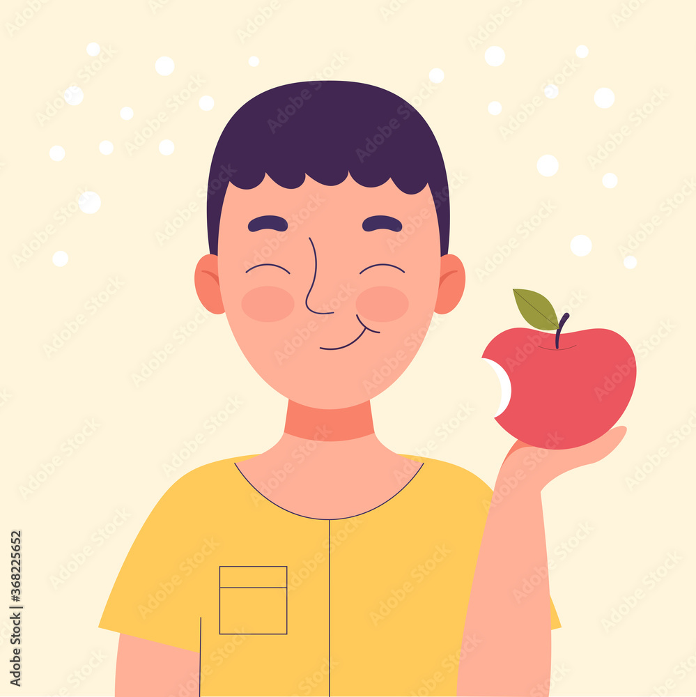 Cute smiling boy eating an apple. School snack, healthy food, fruit ...