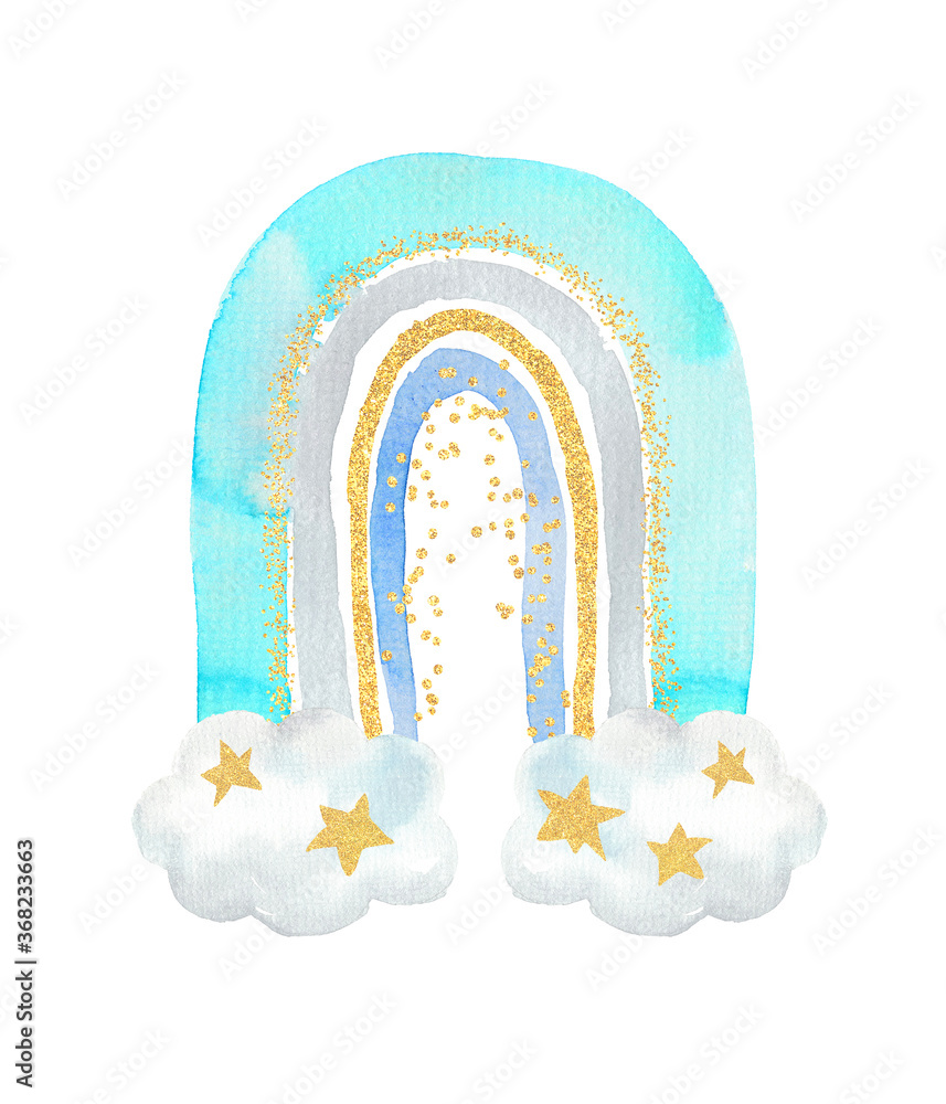 Watercolor hand painted blue rainbow with gold glitter confetti ...