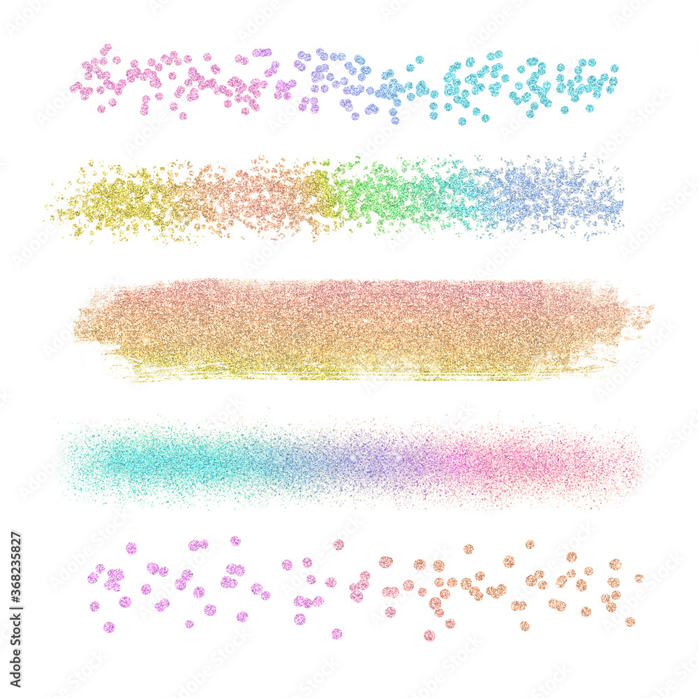 Set of rainbow watercolor brush strokes with glitter texture in unicorn ...