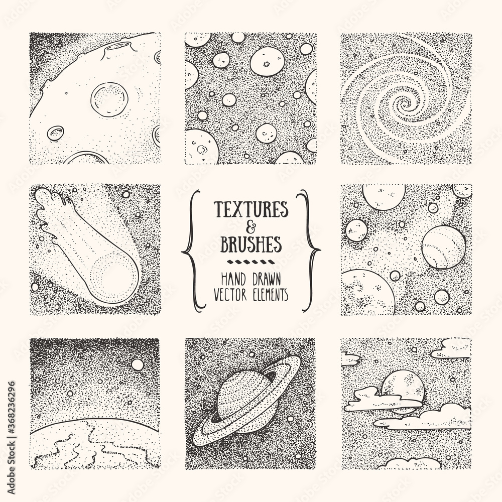 Hand drawn stippling illustrations related to cosmos, space exploration ...