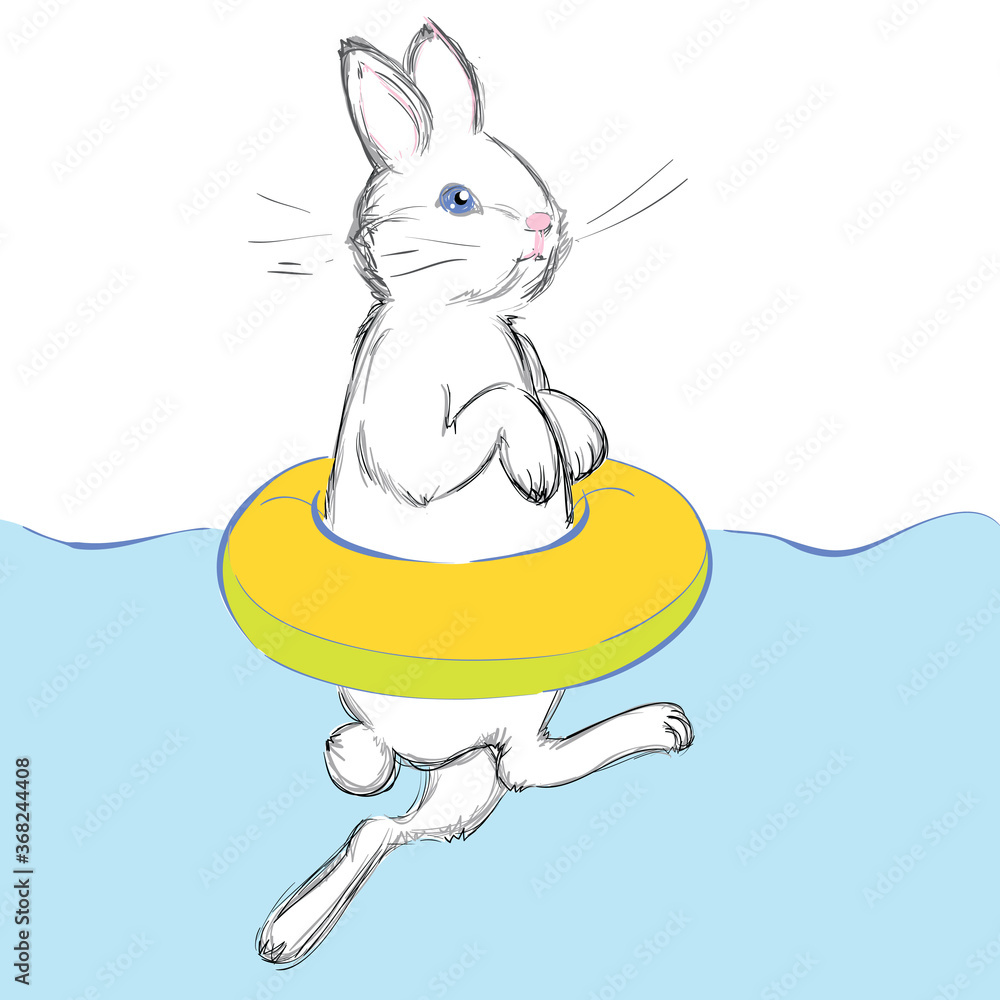 Vector Illustration of Cute Swimming Bunny with Yellow Lifebuoy. Free ...
