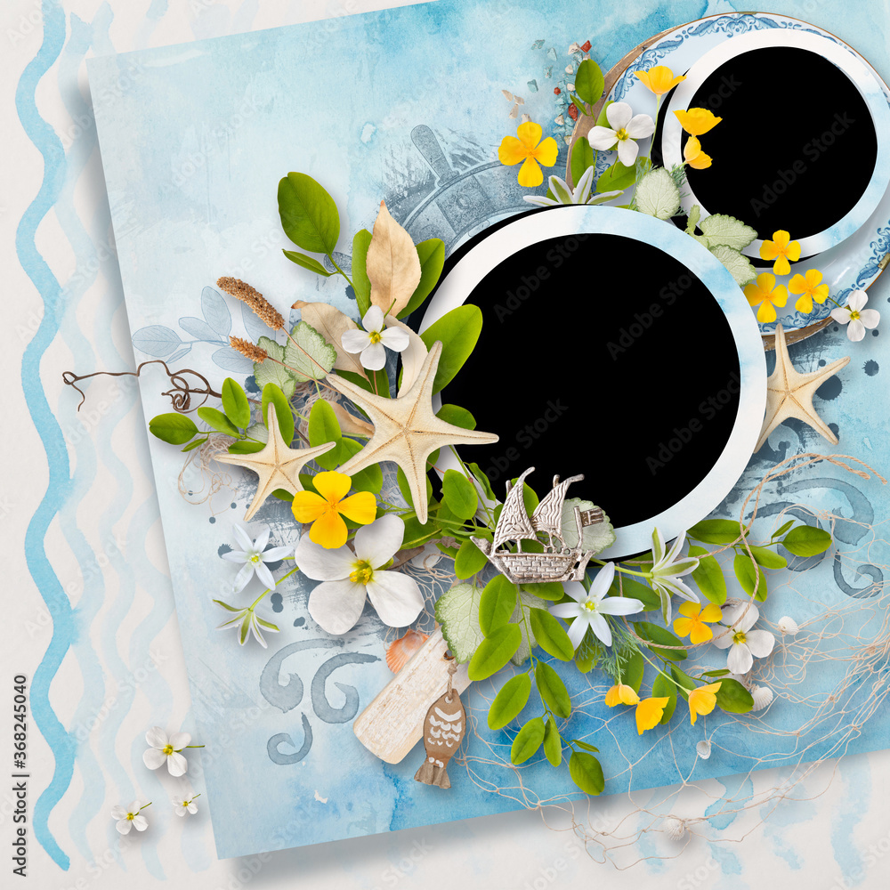 marine scrapbook frame on blue watercolor painted sea background. Sea ...