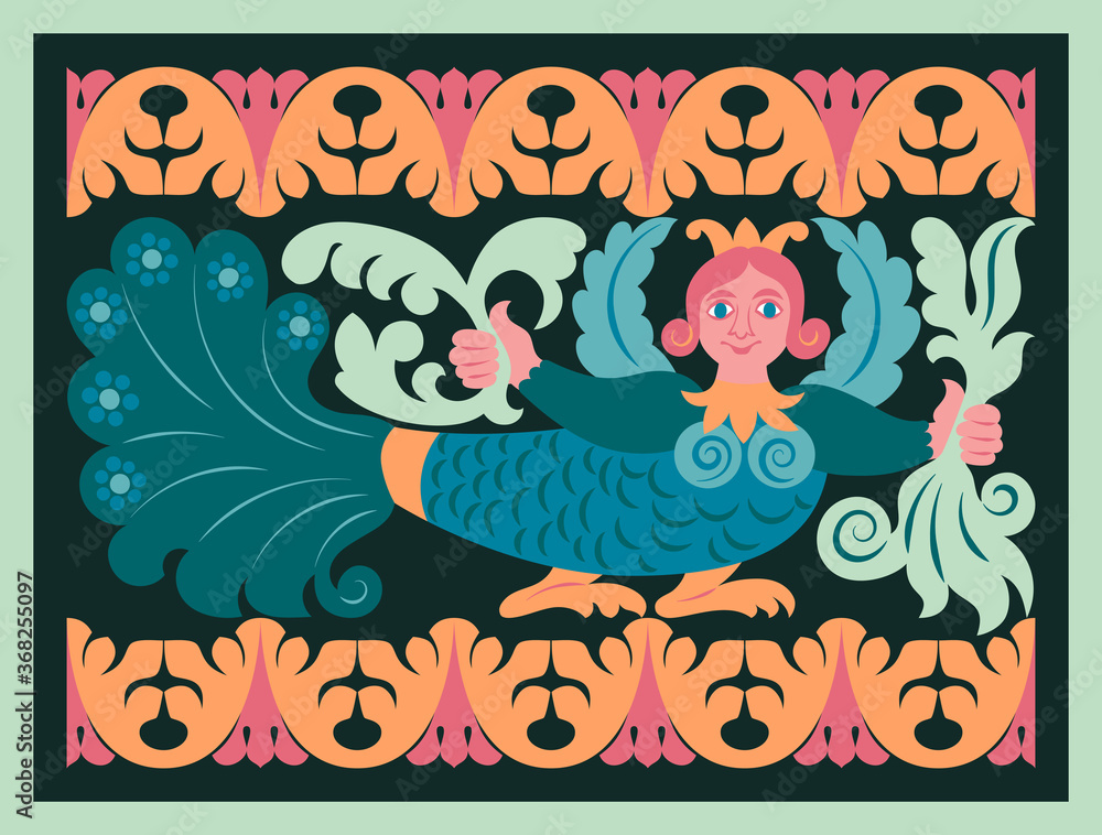 Vector card with Russian folk Sirin bird. Traditional ornament for ...