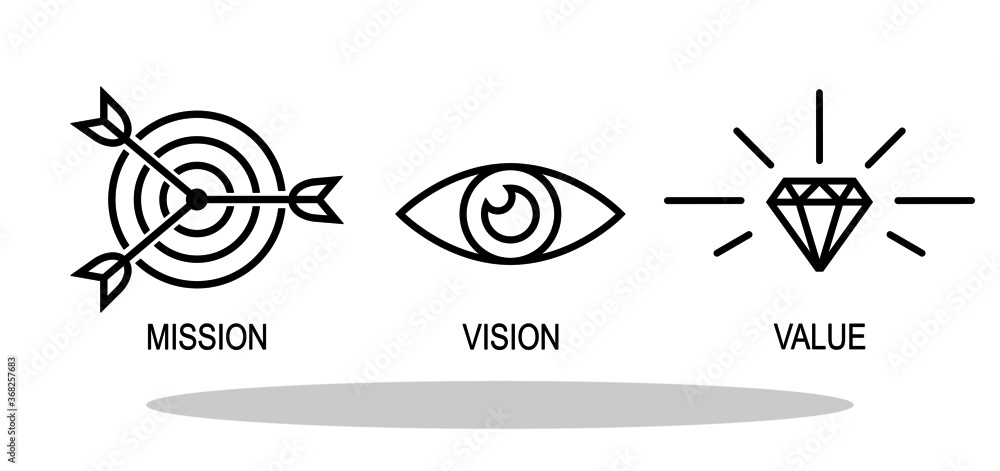 Mission/Vision/Value icons in trendy flat style. Core Value symbols for ...
