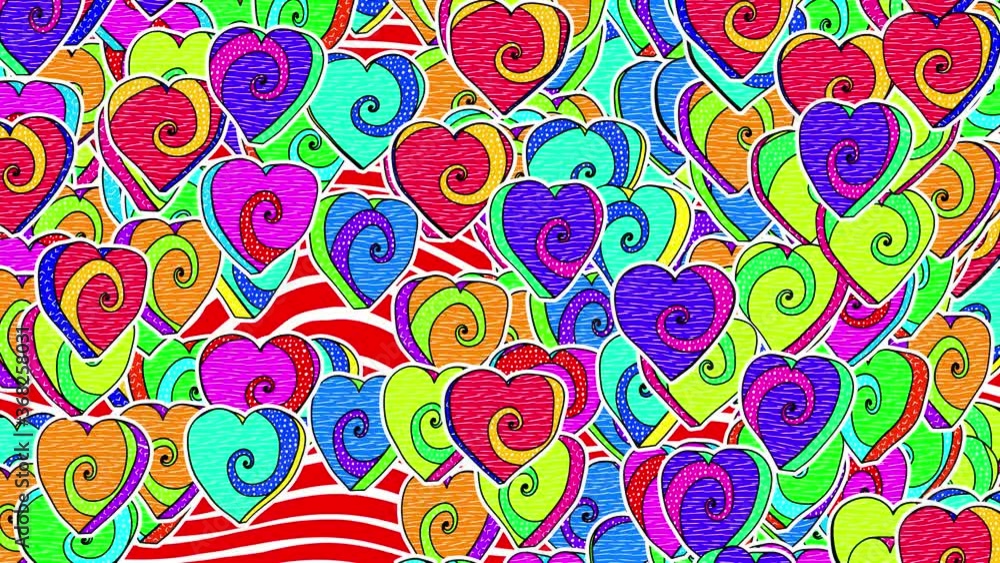 Extruded falling hearts shape in comic style, fluorescent textures and ...