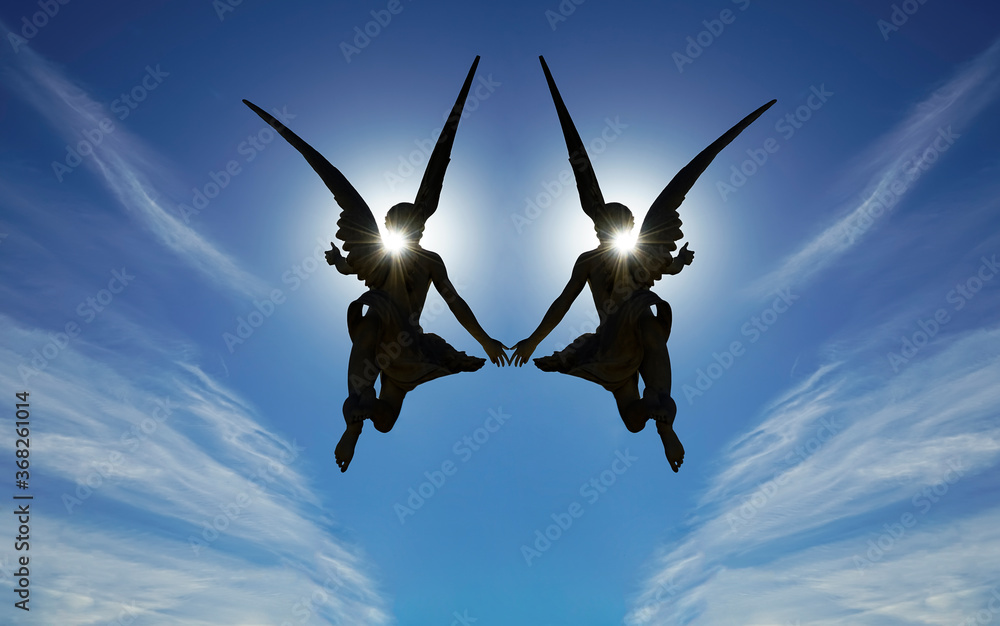 Silhouette of passion between two angels with black wings. Low angle ...