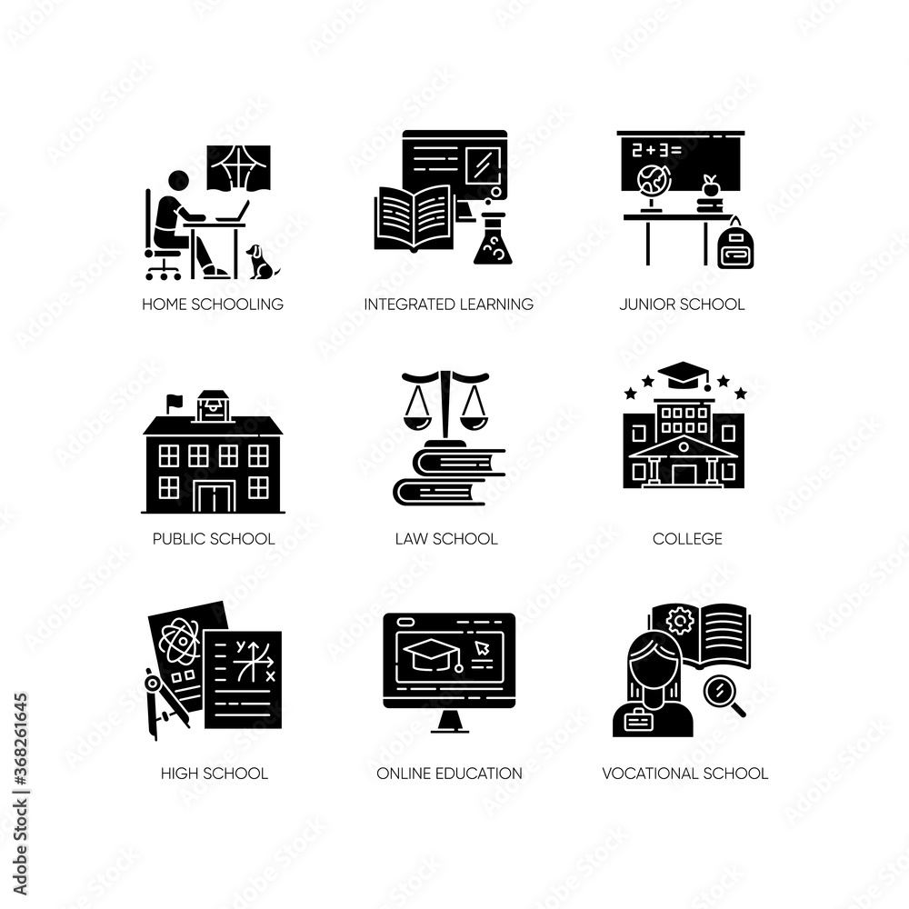 Education system black glyph icons set on white space. Teaching methods ...