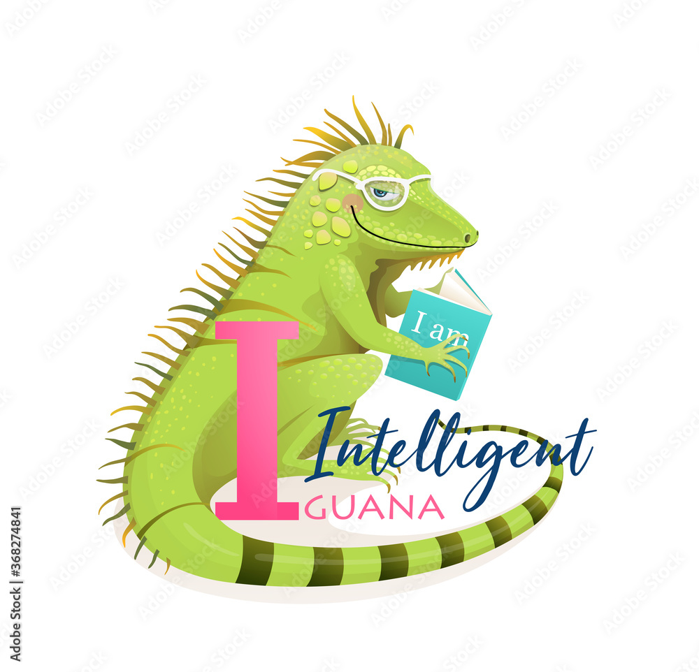 I is for Intelligent Iguana, Animal ABC picture book. Cute smart Iguana ...
