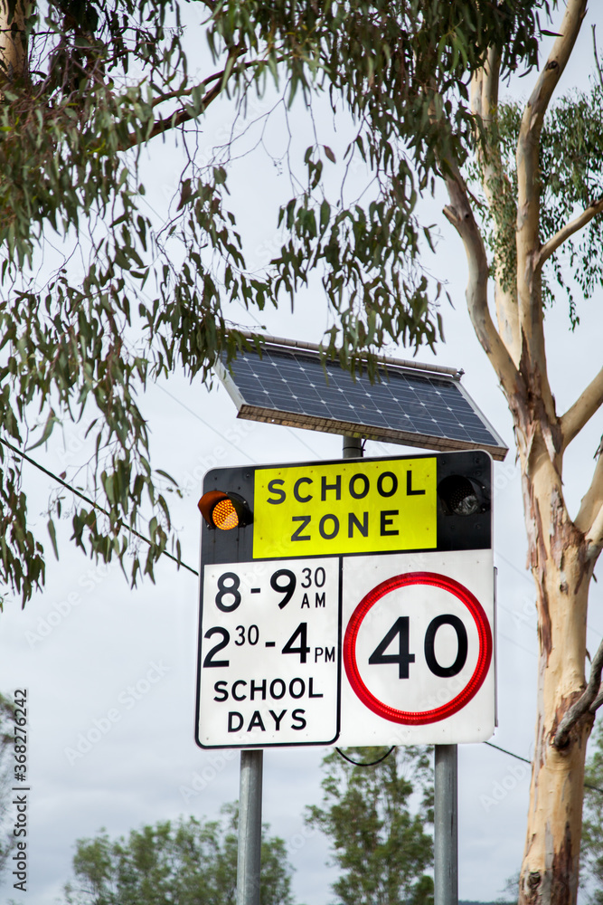 School zone warning sign with 40 km signal lights on the side of the ...