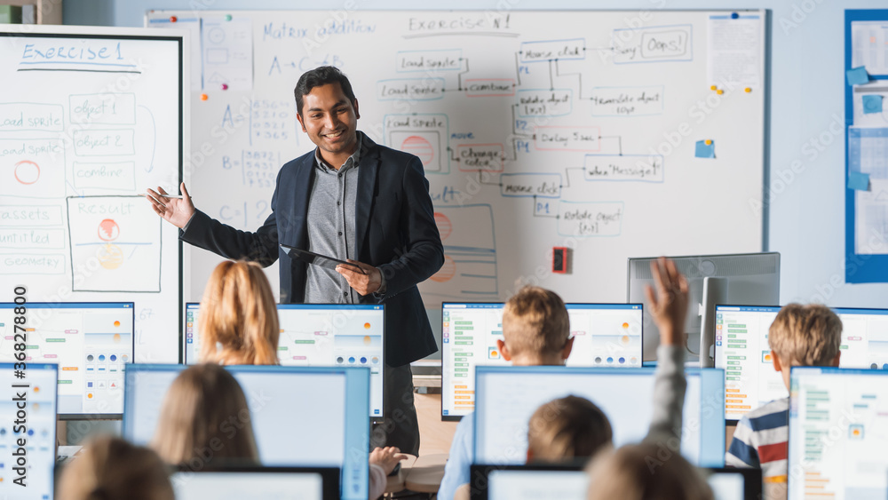 Elementary School Class: Teacher Uses Interactive Digital Whiteboard ...