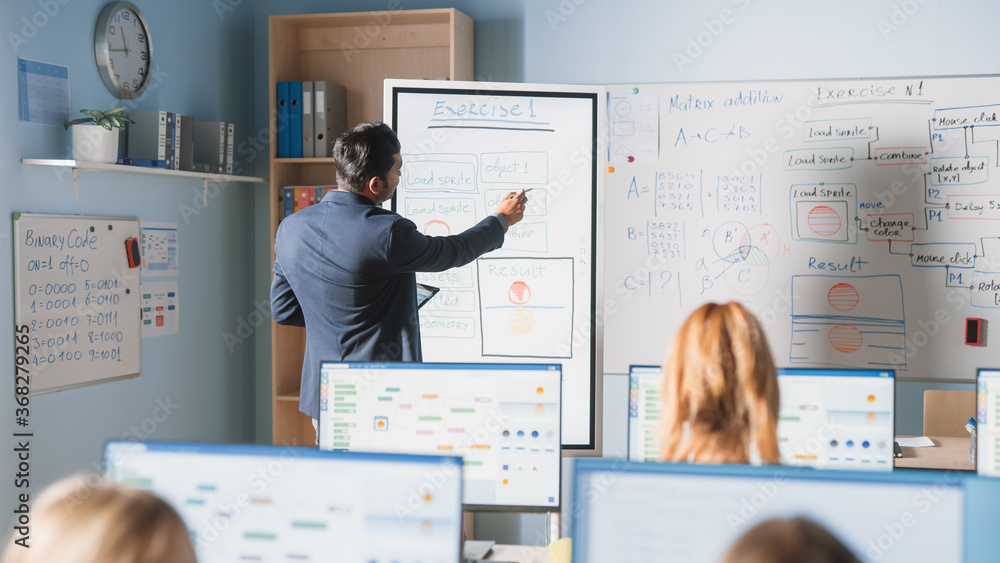 Elementary School Class: Teacher Uses Interactive Digital Whiteboard, Explains Lesson to Diverse ...