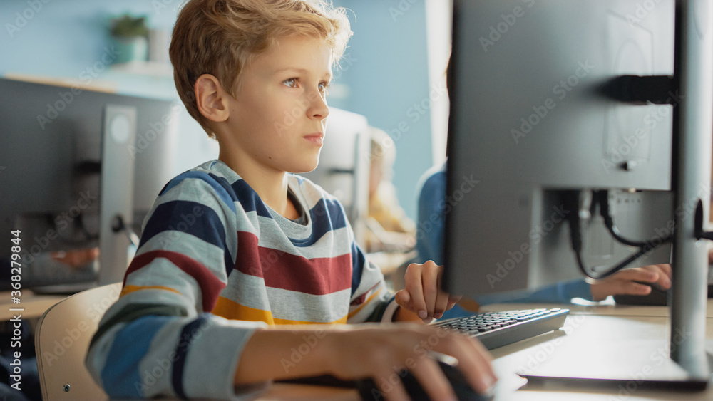 Elementary School Classroom: Smart Boy Uses Personal Computer, Learning ...