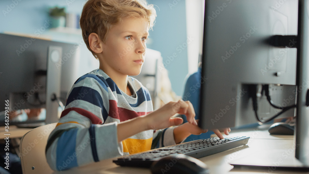 Elementary School Classroom: Smart Boy Uses Personal Computer, Learning ...