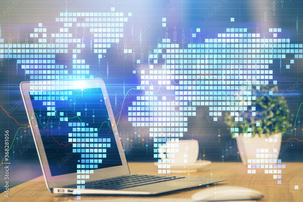 Multi exposure of business theme icons and table with computer ...