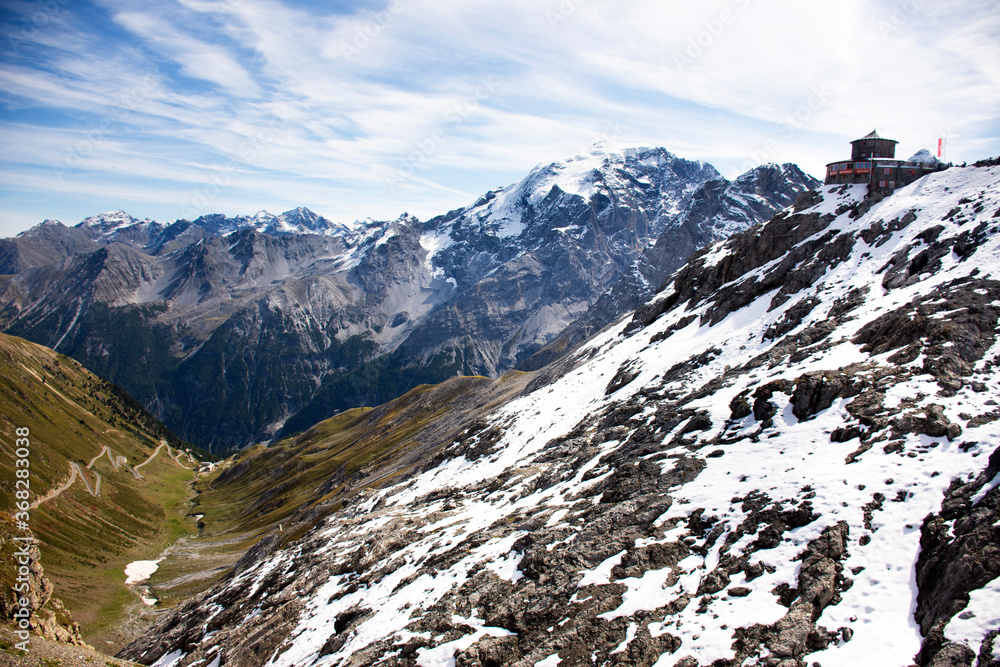 Viewpoint and road on Stelvio Pass or Passo dello Stelvio or stilfser ...