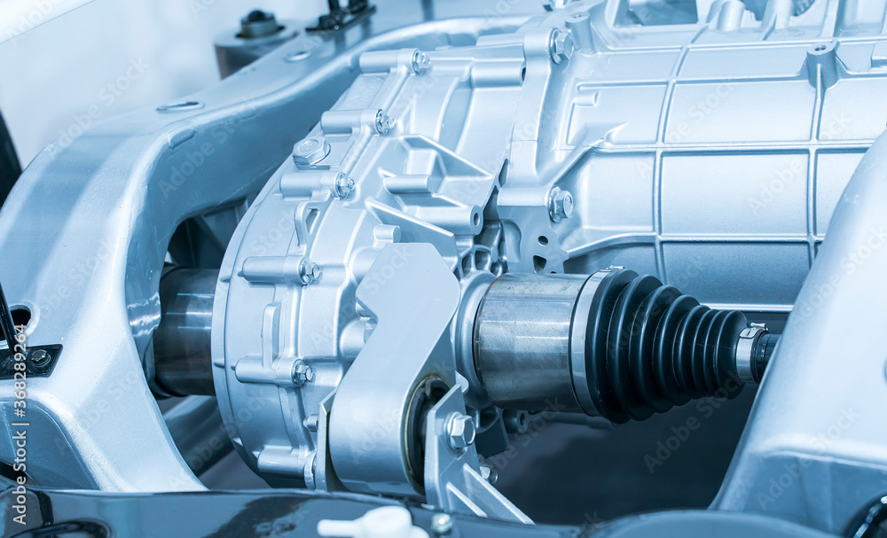 Elements of modern car front suspension. Control arm. Tie rod. Drive ...