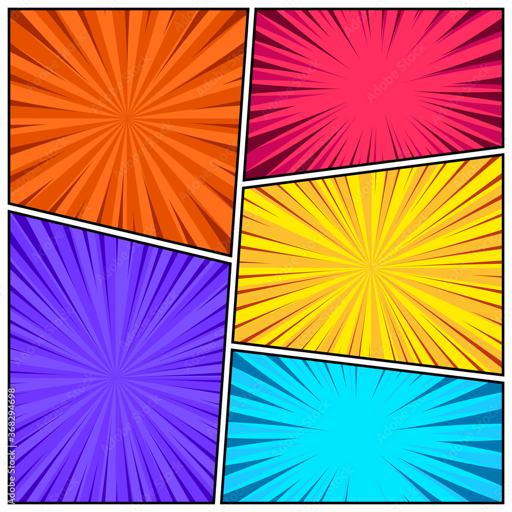 Cartoon comic backgrounds set. Comics book colorful poster with radial ...