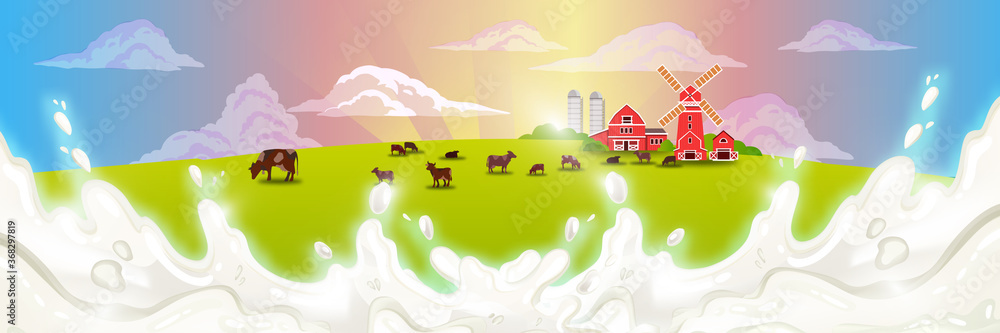 Milk farm vector illustration with splash, green meadow, grazing ...