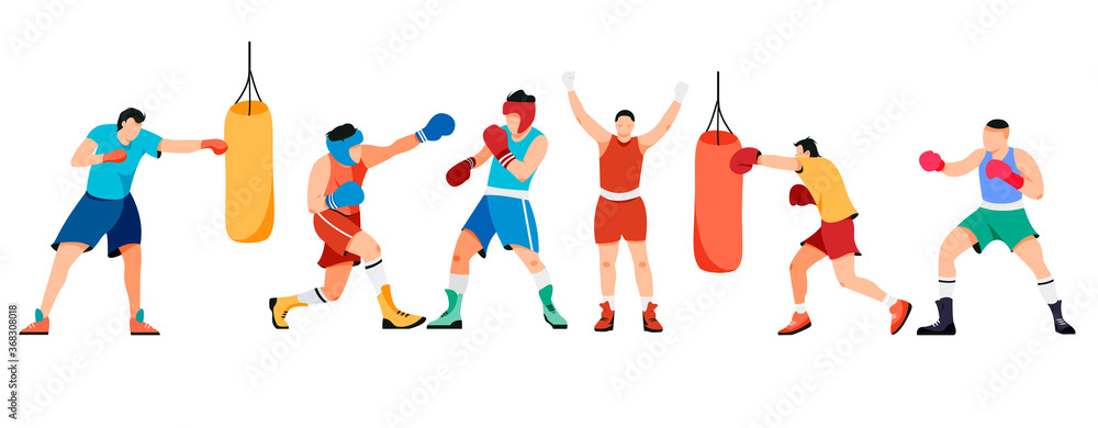 Set of isolated boxing people on white background. Punching bag ...